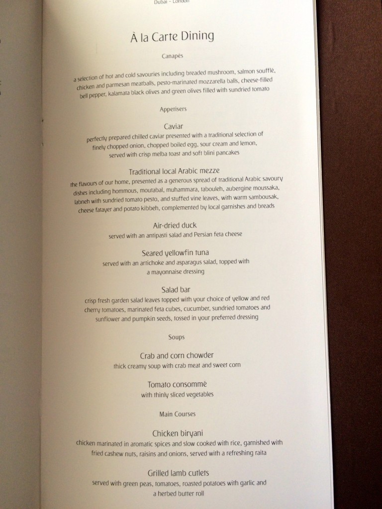 Emirates Business Class Menu